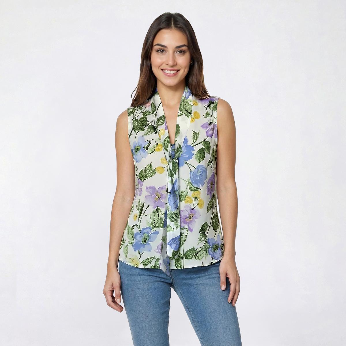 Click here for Petite Kasper Sleeveless Tie Neck Floral Satin Blo... prices